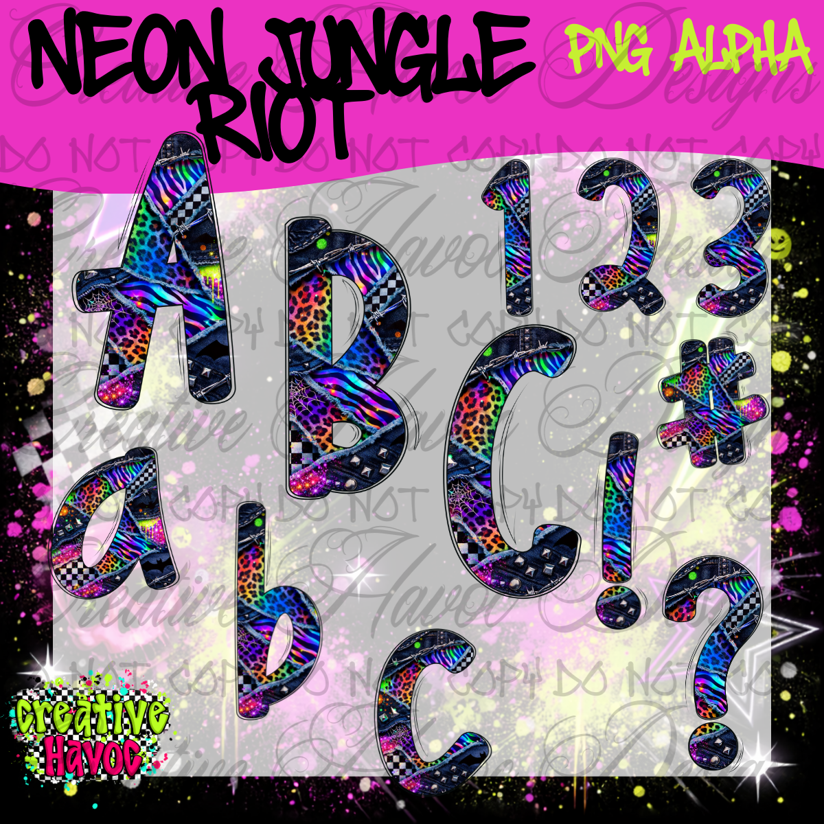 Neon Jungle Riot PNG Alpha • 300 DPI Letter & Number Set – Creative Havoc